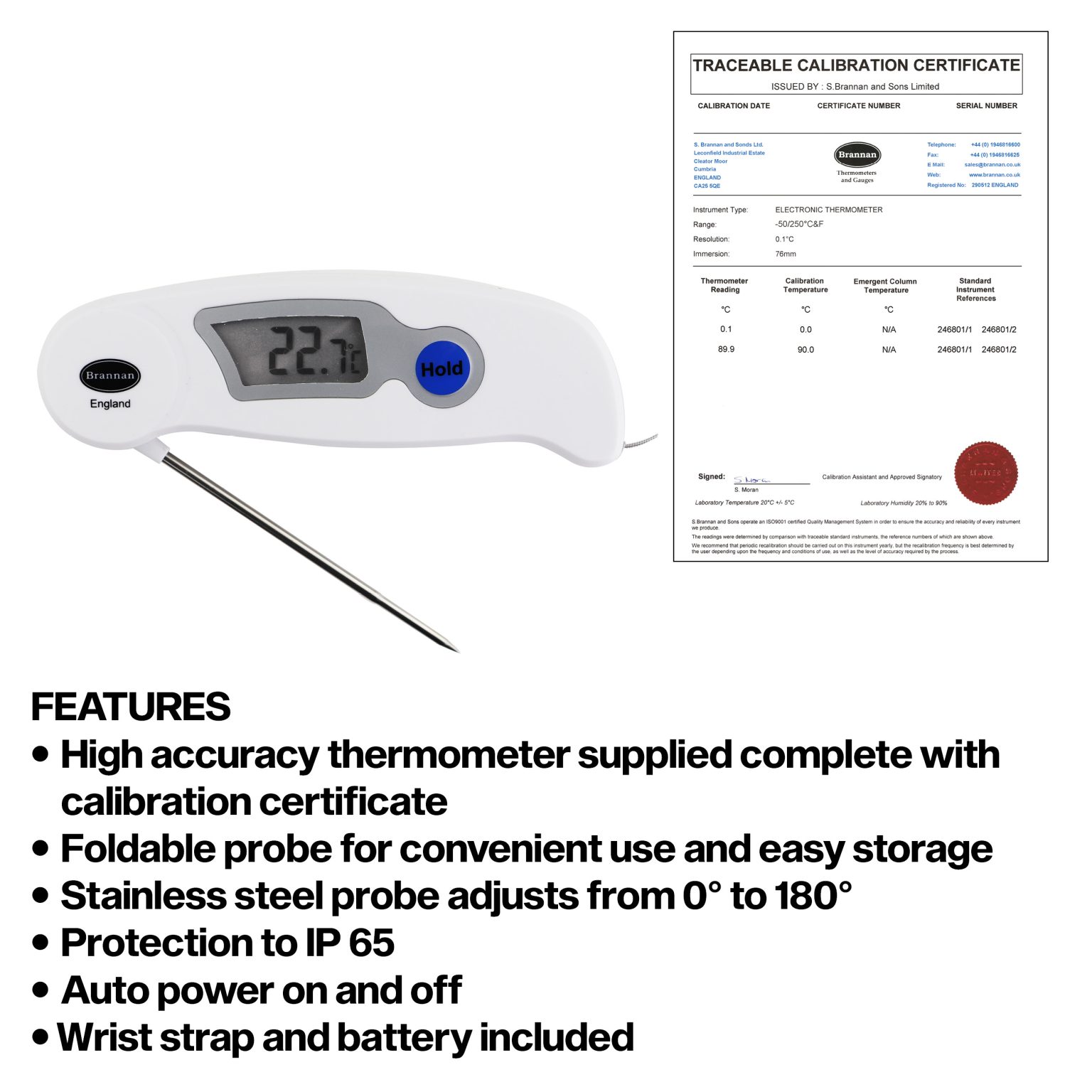 THERM-cert, pre-calibrated folding probe thermometer | Brannan