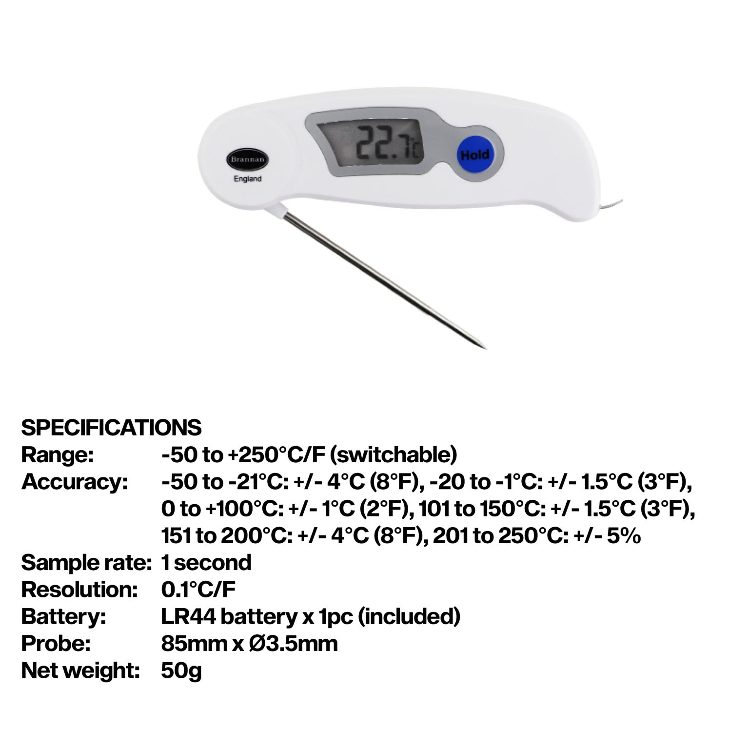 THERM-cert, pre-calibrated folding probe thermometer | Brannan
